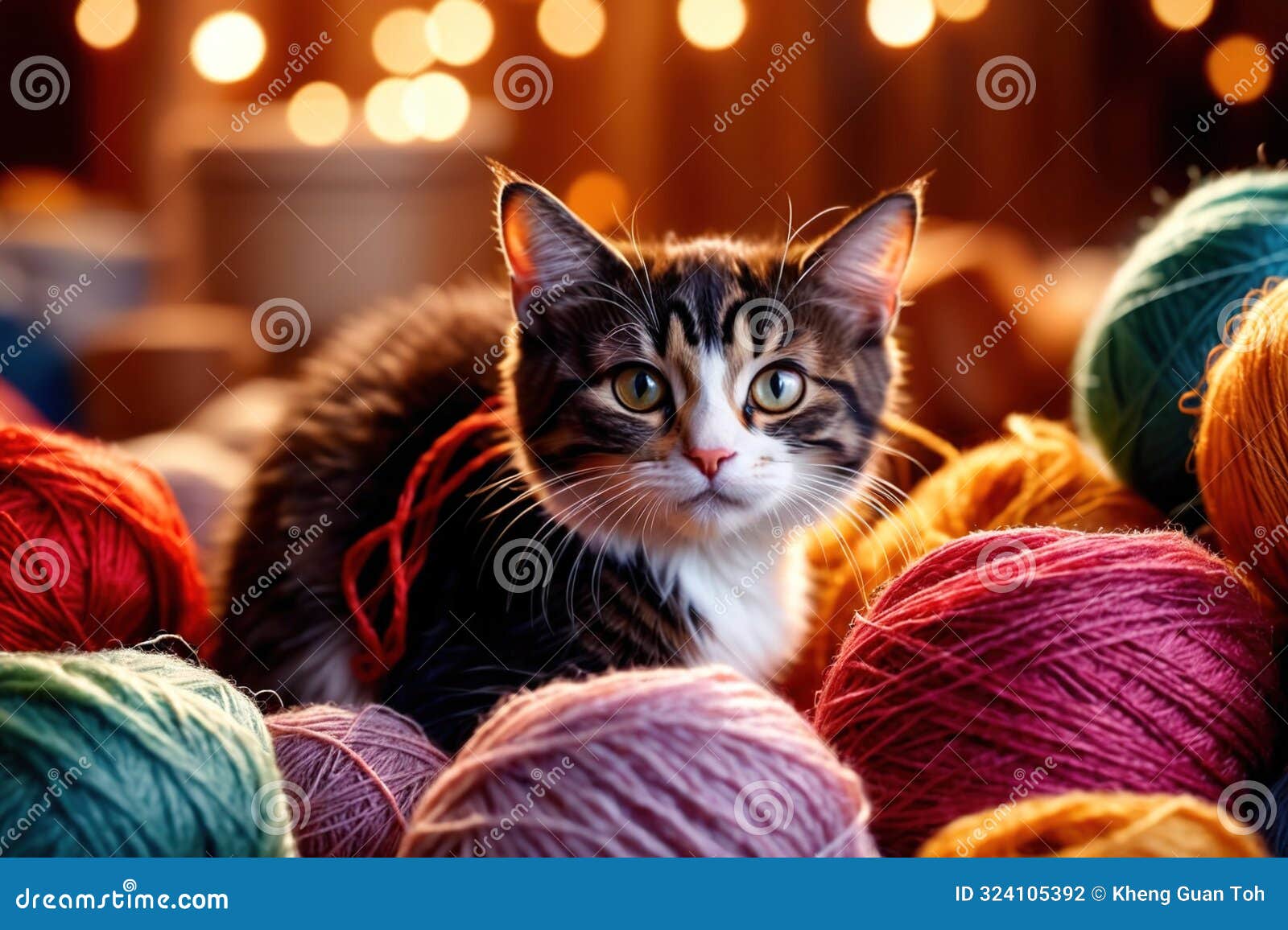 Kitty Standing in Huge Pile of Yarn String Stock Illustration ...