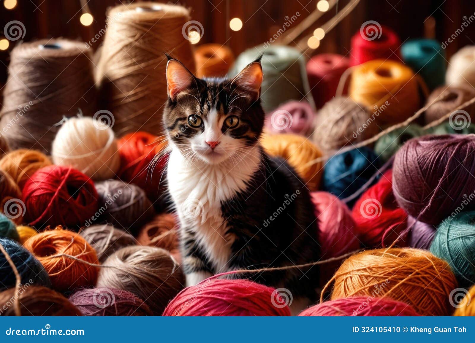 Kitty Standing in Huge Pile of Yarn String Stock Illustration ...