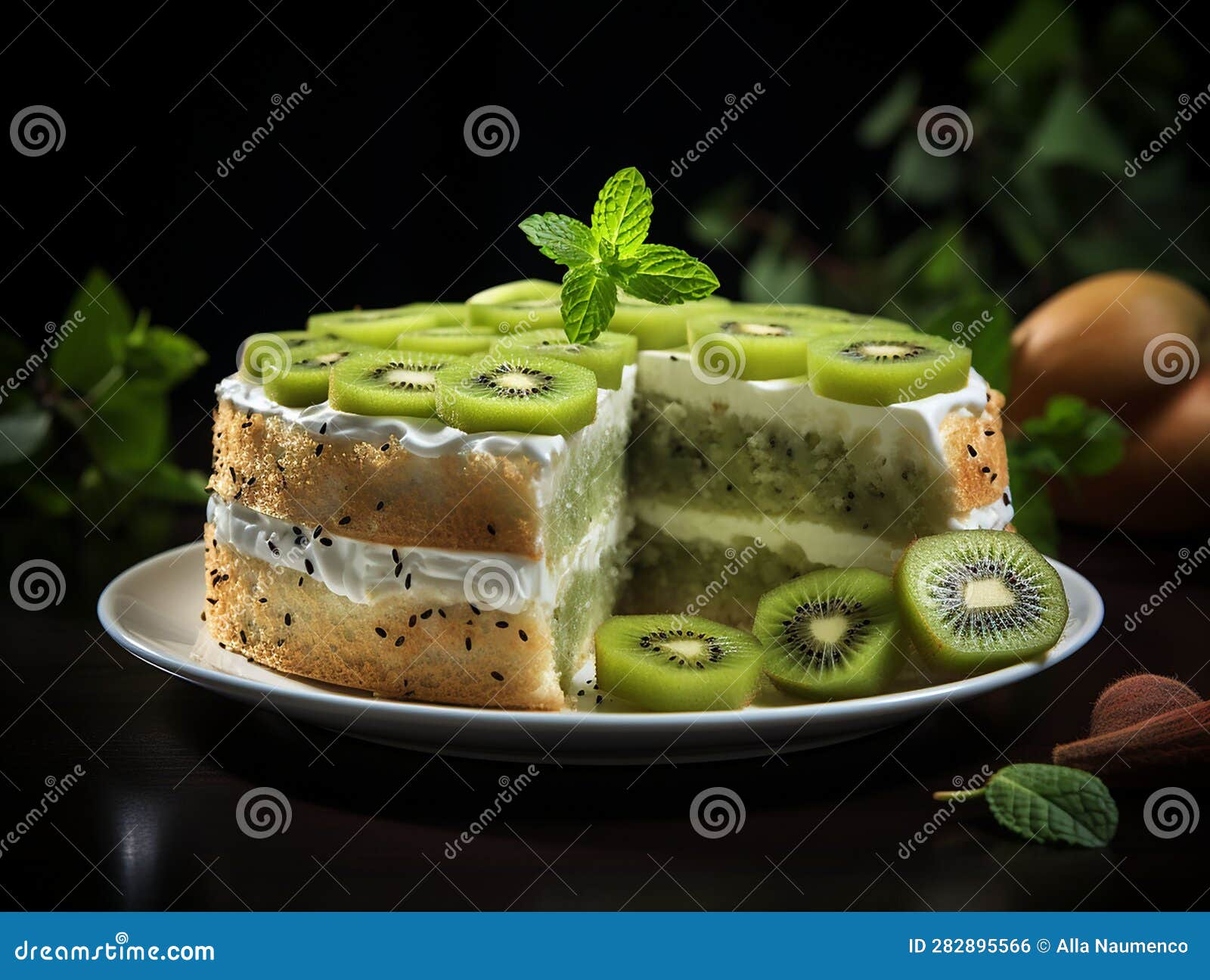 Kiwi Cake Decorated with Fruit on a Dark Background Stock Illustration ...