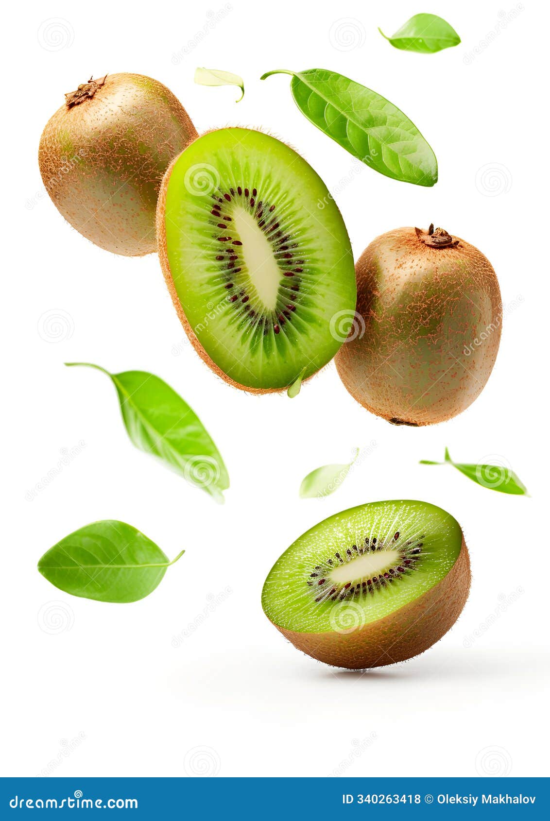 Kiwi Fruit Slice Anf Leaves Levitating Falling Fly on White Background ...
