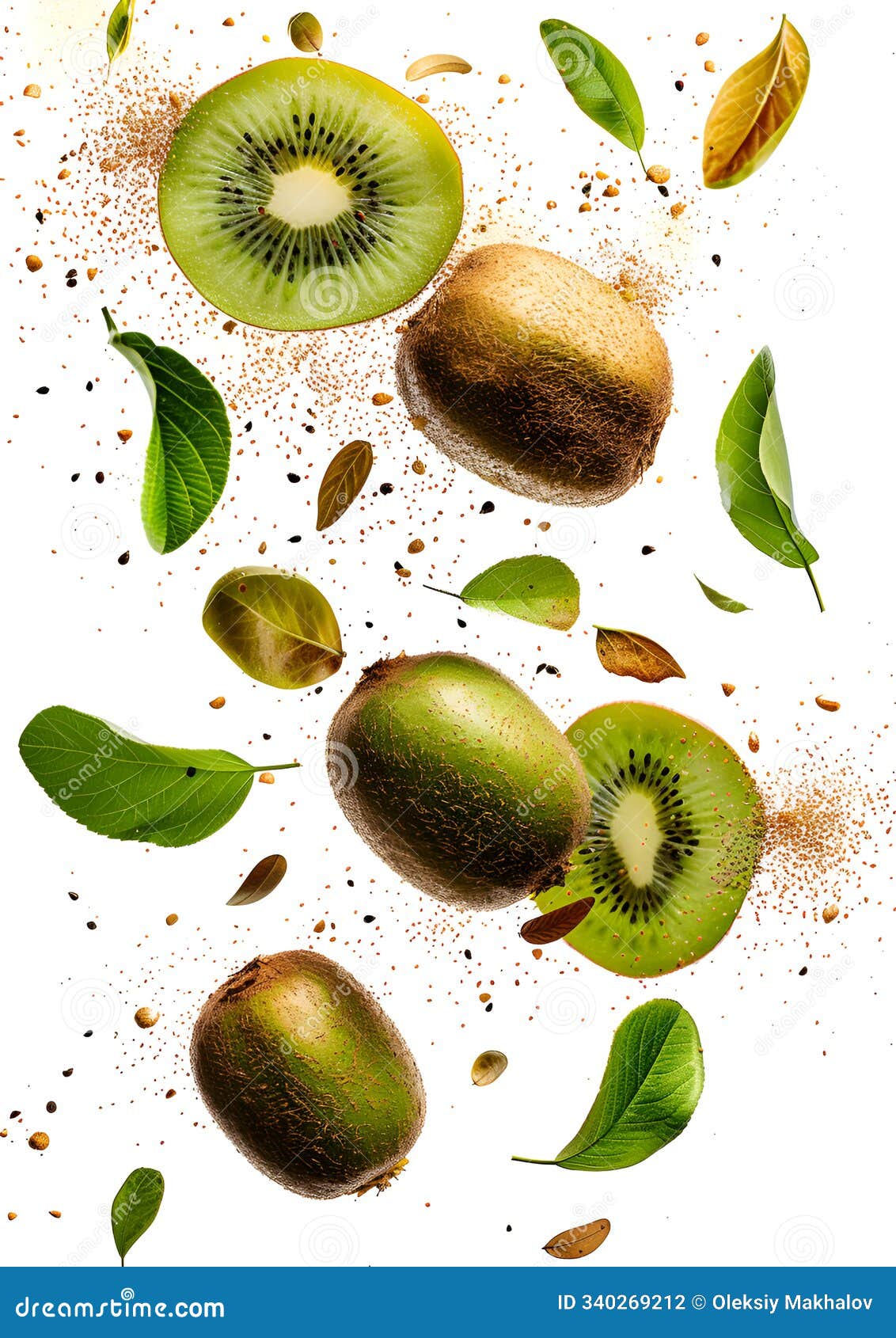 Kiwi Fruit Slice Anf Leaves Levitating Falling Fly on White Background ...