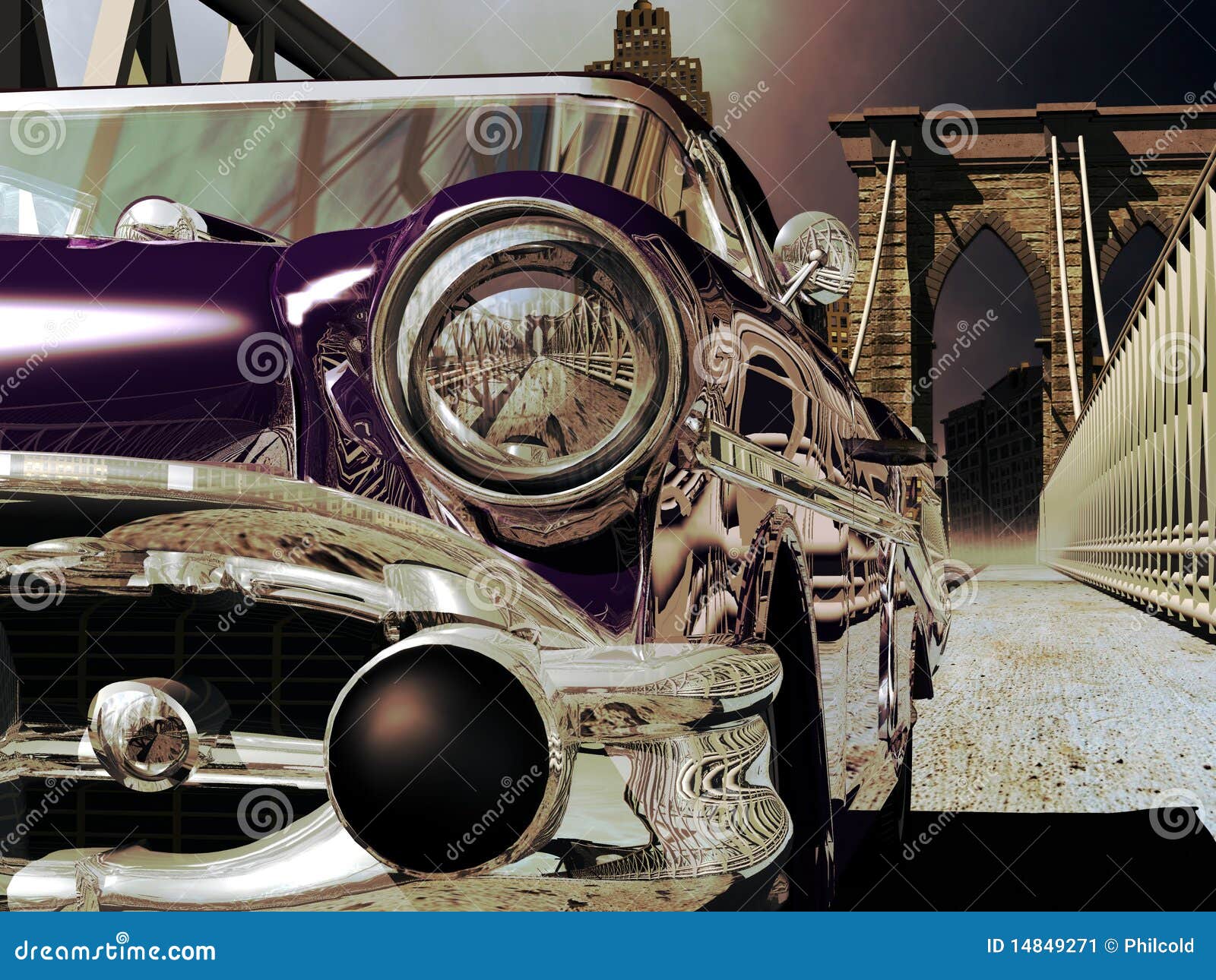 Klassieke Auto Op De Brug Van Brooklyn Stock Illustratie - Illustration ...