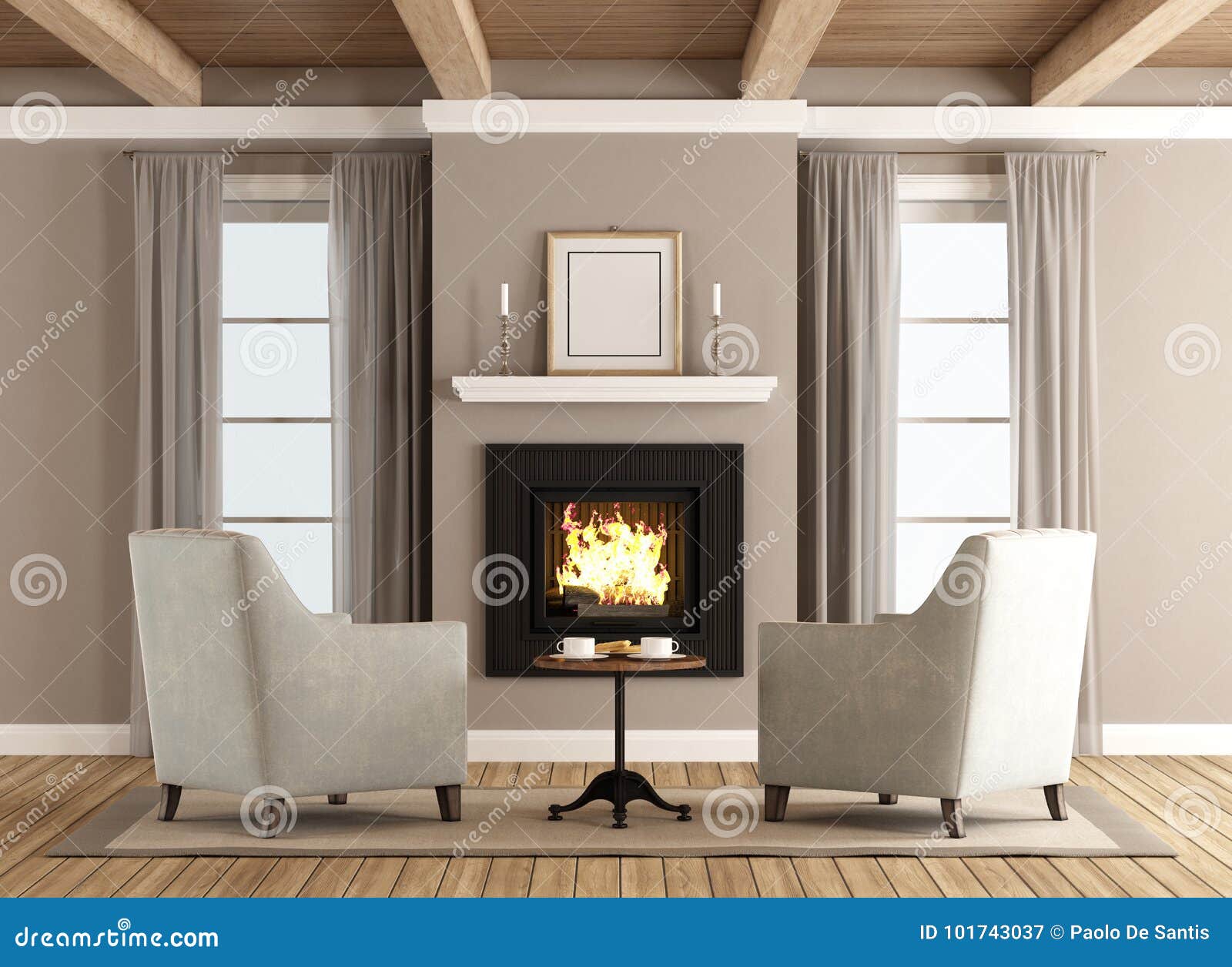 Klassieke Woonkamer Met Open Haard Stock Illustratie - Illustration of ...