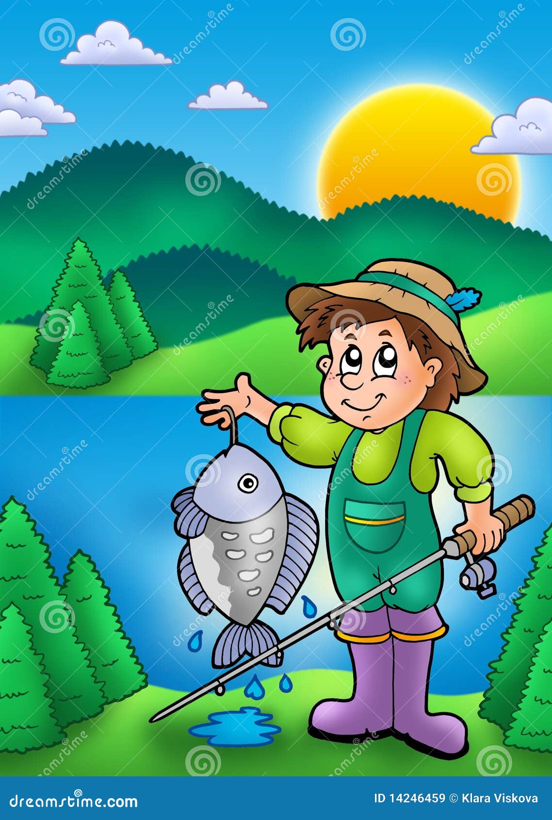 Kleine visser met vissen stock illustratie. Illustration of visserij ...