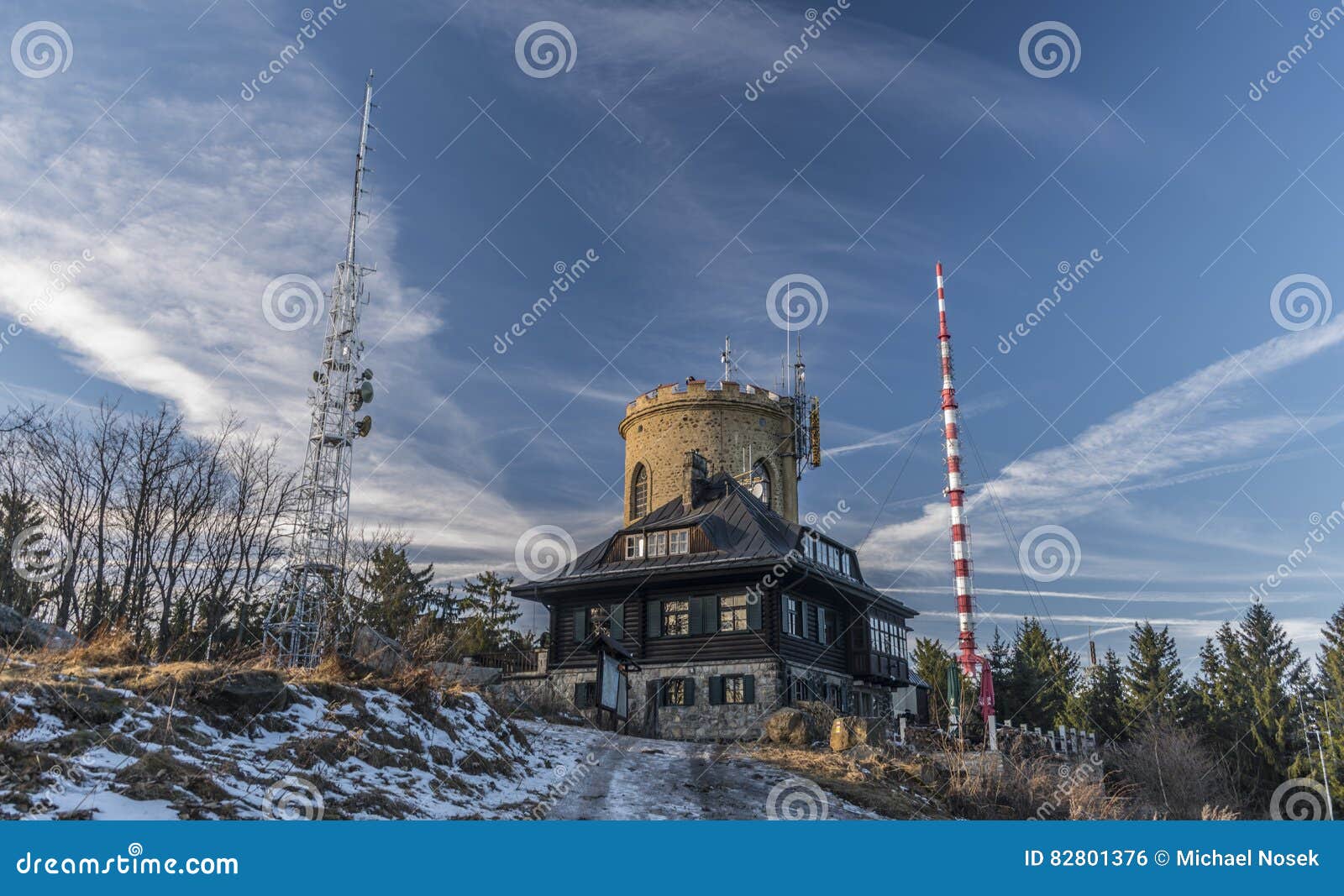 Klet Mountain in Winter Sunny Day Stock Photo - Image of area, antenna ...