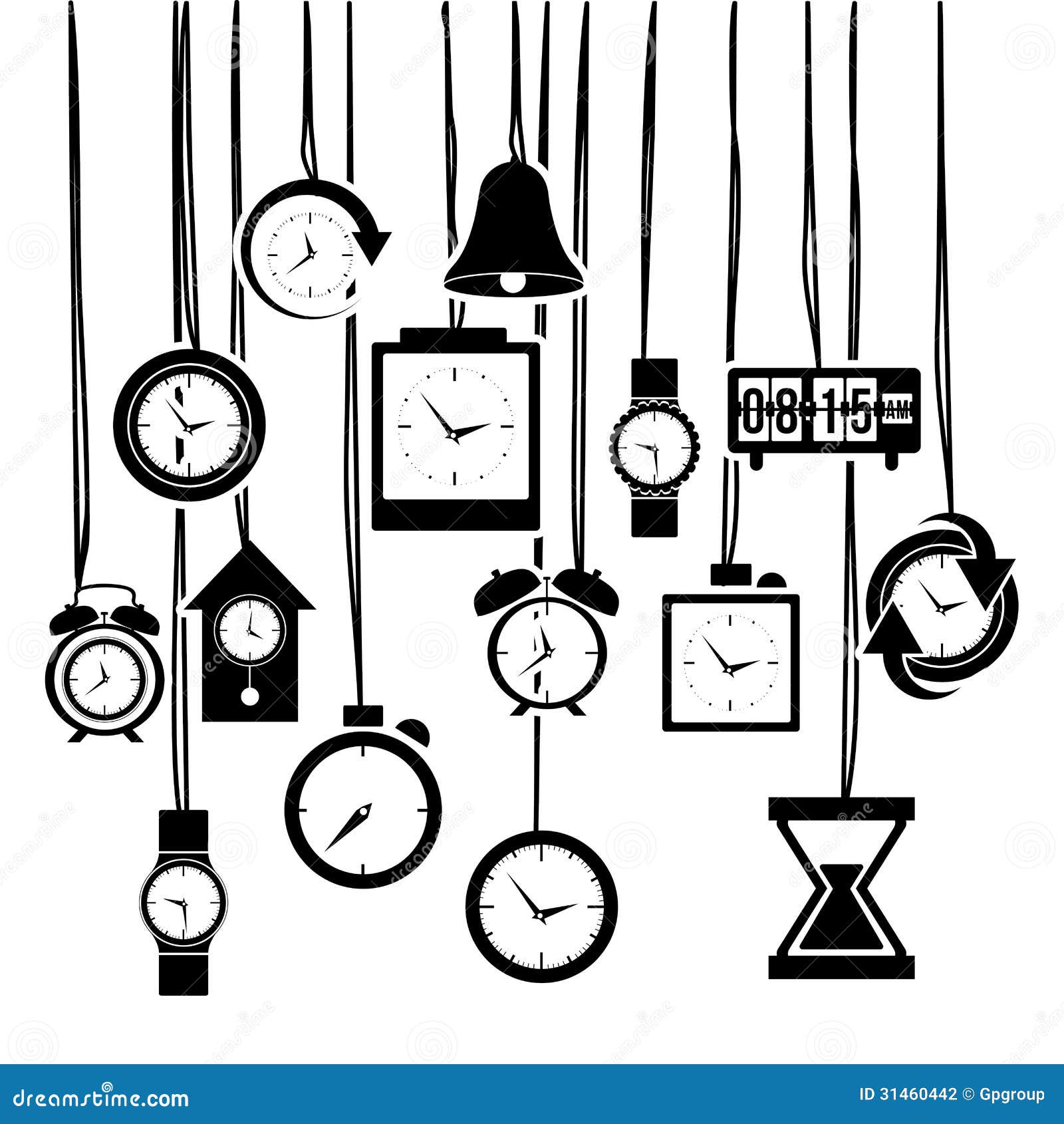 Klocka- och tidsymboler vektor illustrationer. Illustration av kablar ...