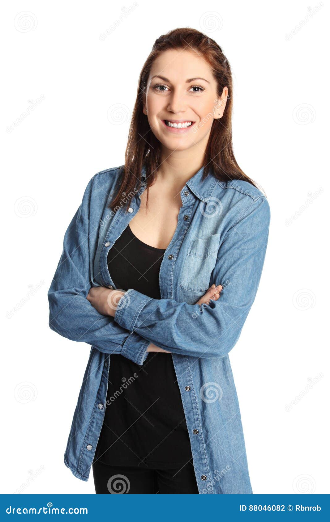 Knappe Vrouw in Jeansoverhemd Het Glimlachen Stock Foto - Image of ...