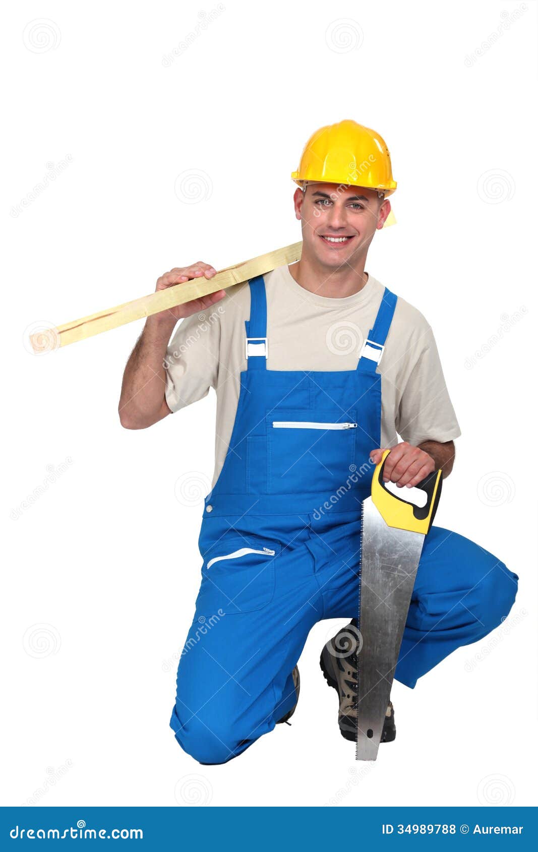 Kneeled Carpenter with a Handsaw. Stock Photo - Image of industry ...