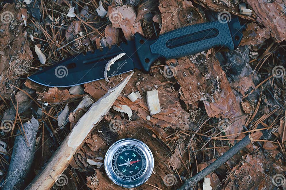 Knife and Compass Lie on Ground in Forest. Stock Photo - Image of ...