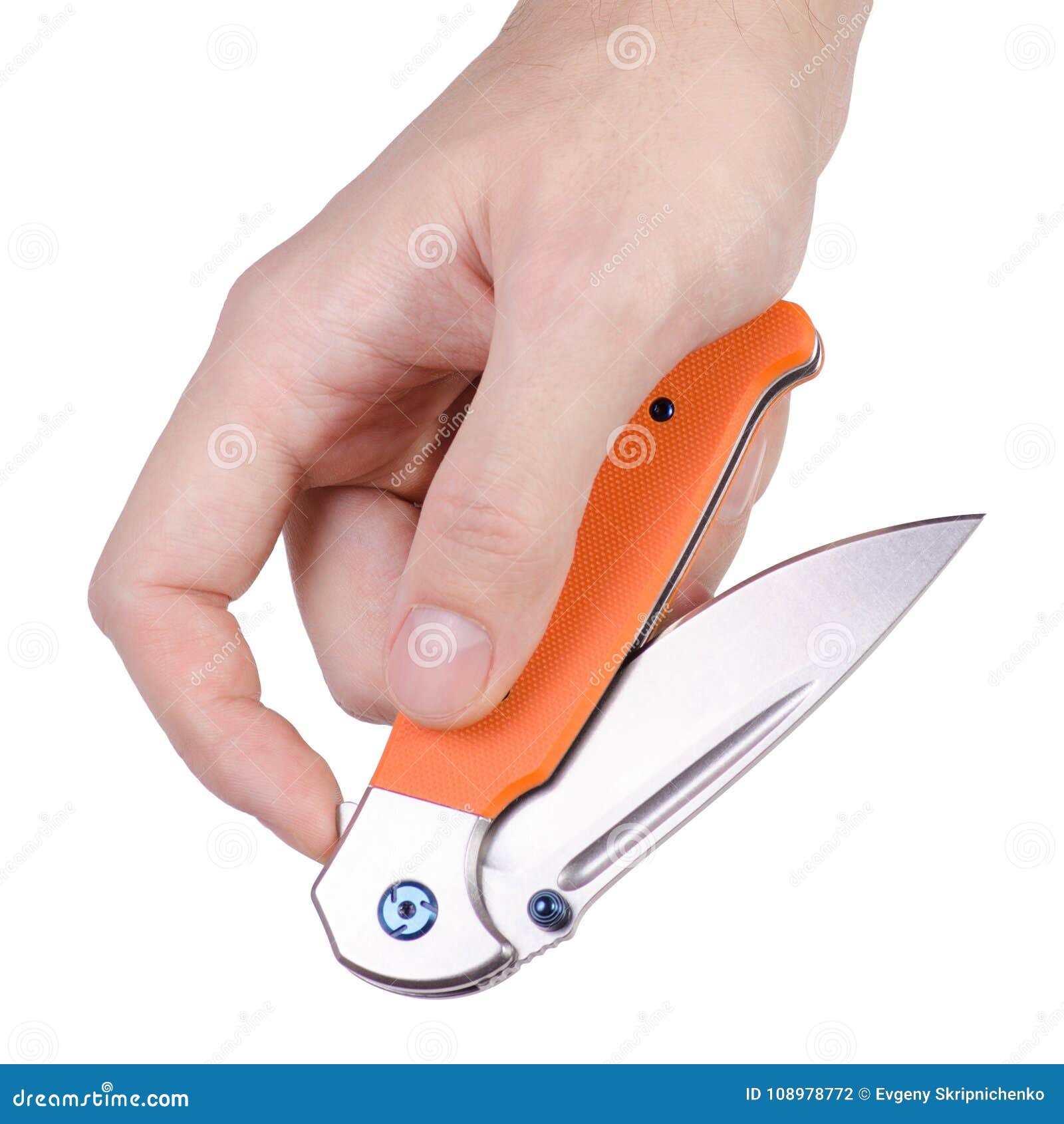 Knife Folding with Orange Handle in Hand Stock Photo - Image of scallop ...