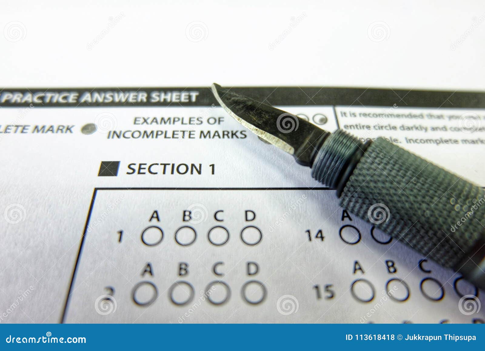 The Knife Pen Selected Choice on Answer Sheets Stock Photo - Image of ...