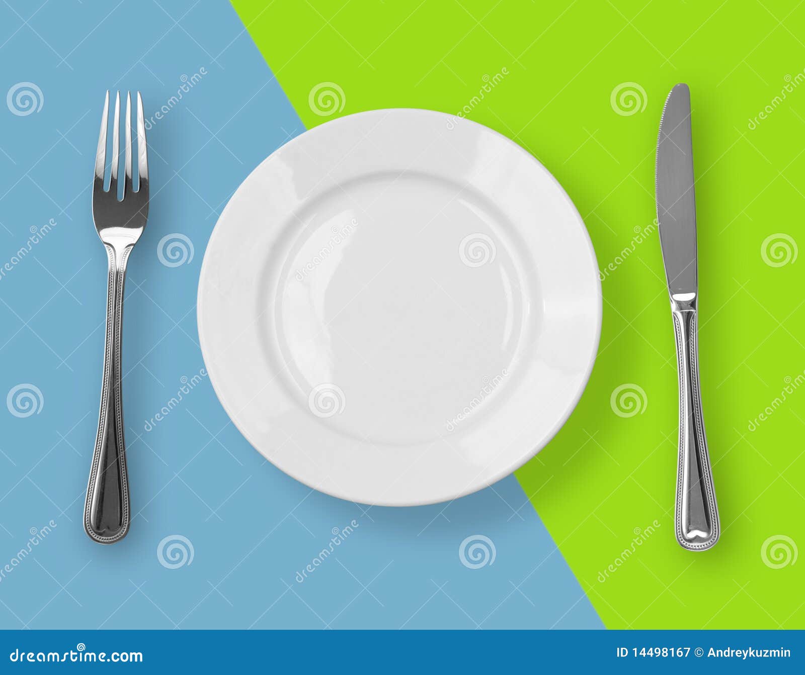 Knife, Plate and Fork on Color Backdrop Top View Stock Image - Image of ...