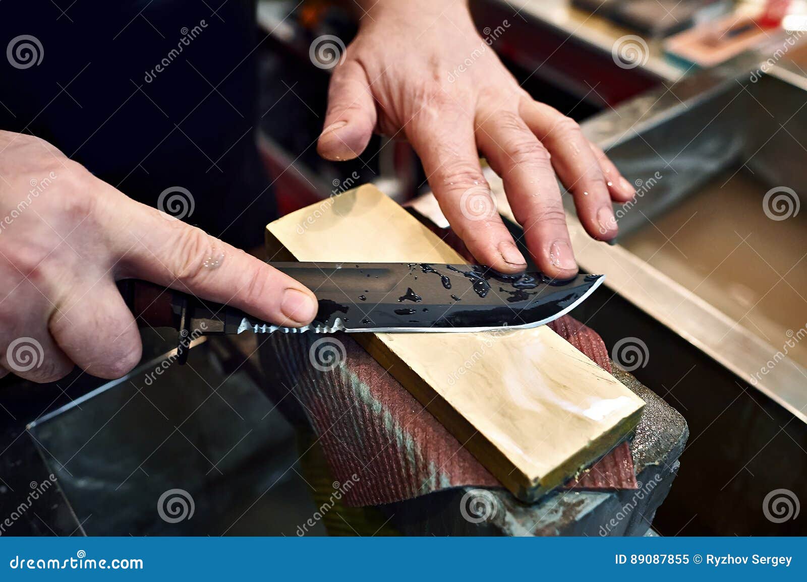 Knife sharpening stock image. Image of heavy, waterstone - 89087855