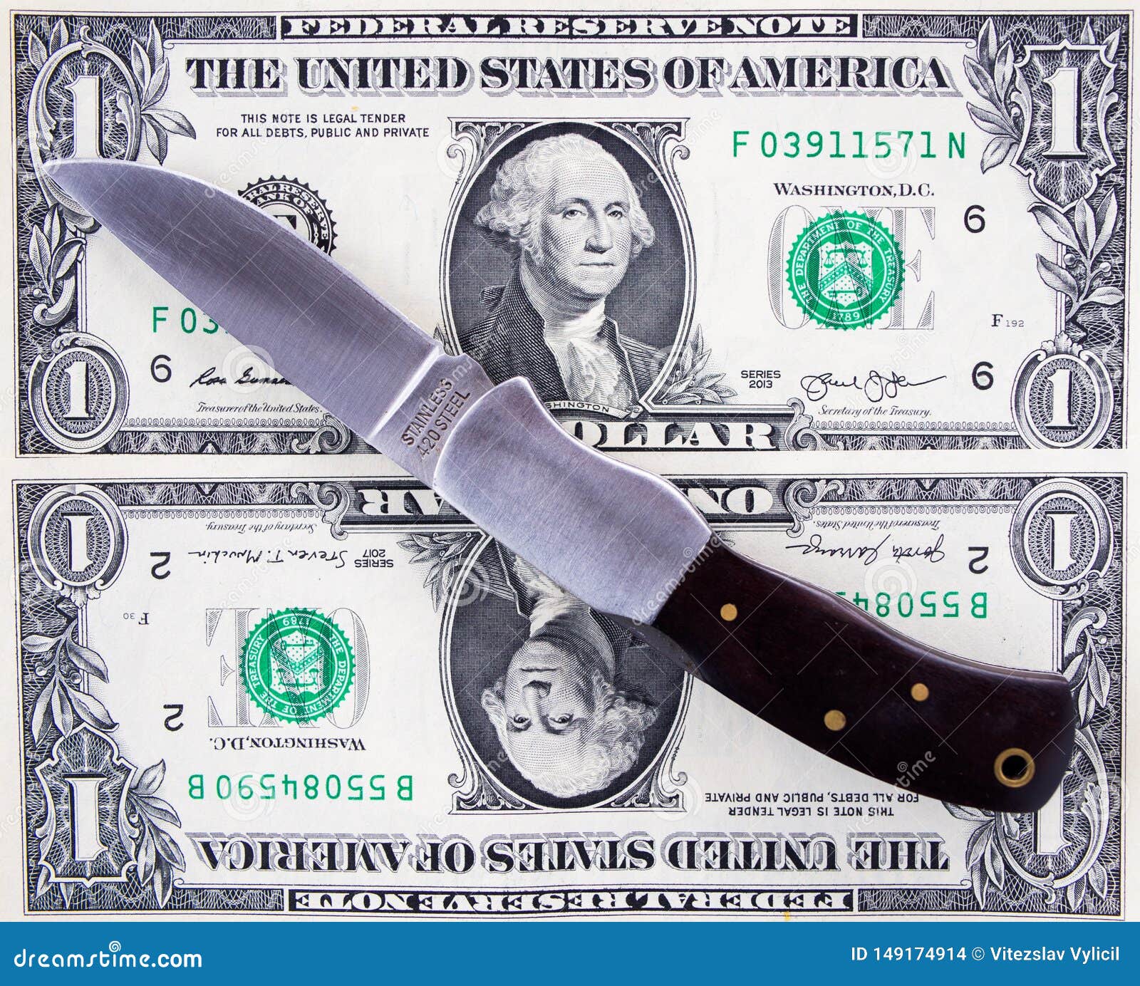 Knife and Two One-dollar Notes Stock Photo - Image of macro, american ...
