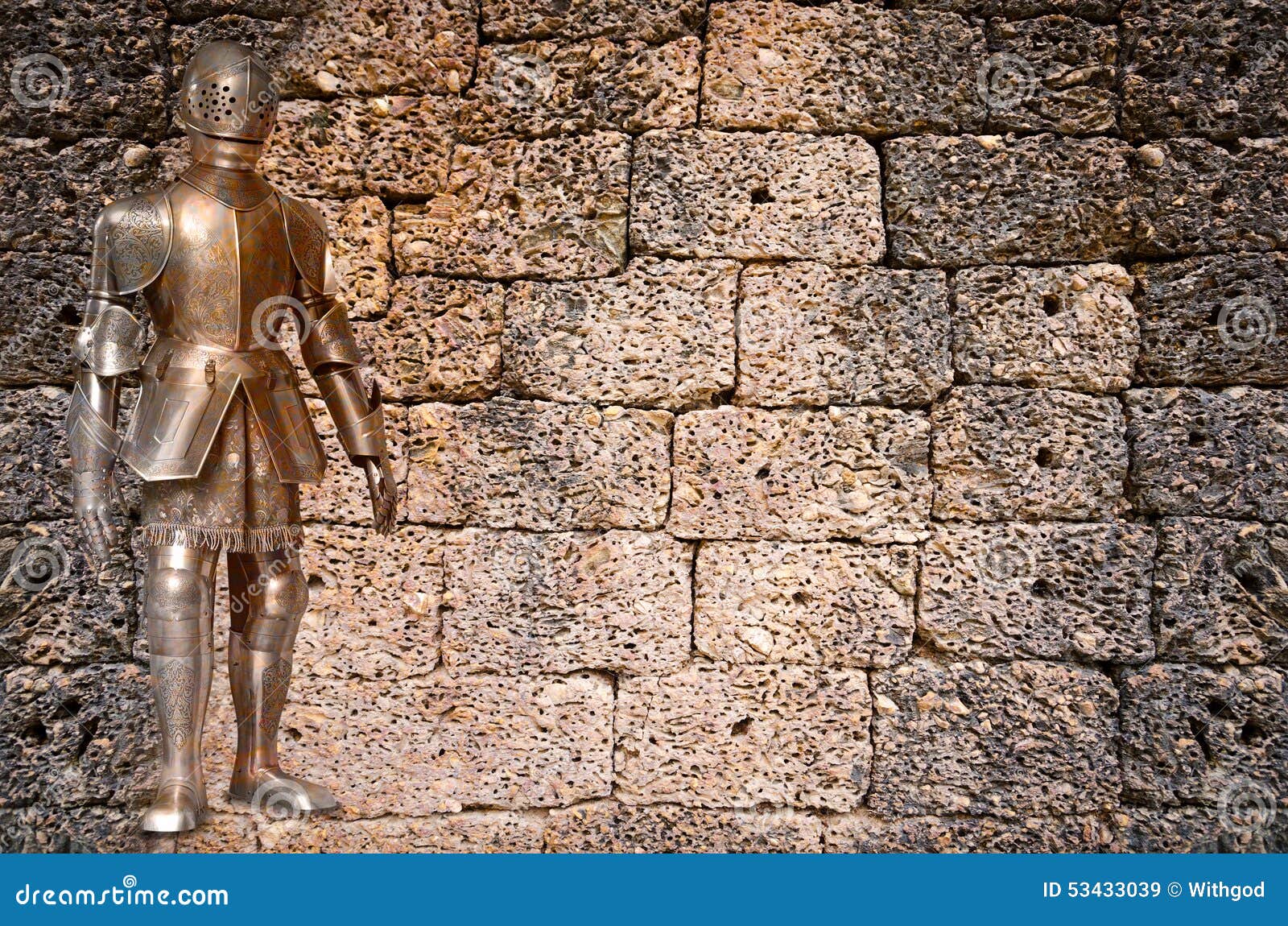 Knight Against Ancient Stone Wall Stock Image - Image of skirt, legging ...