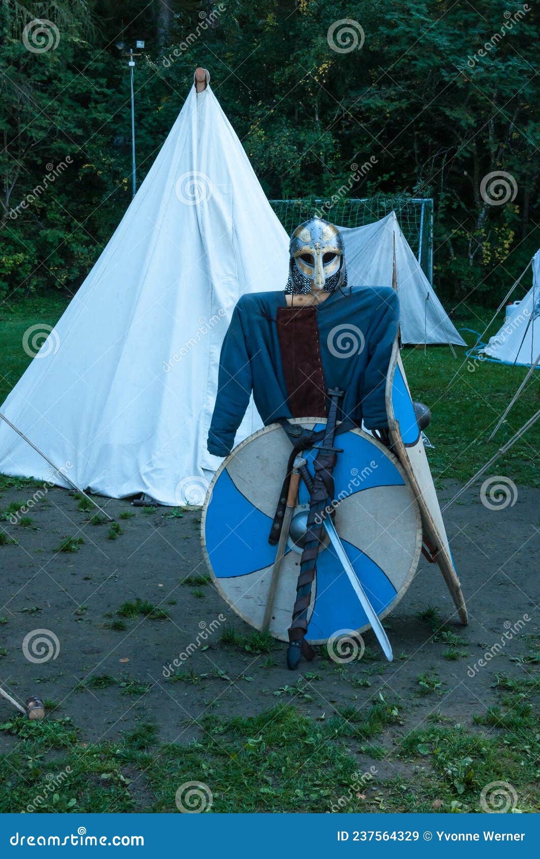 Knight Armor on Display with Shield and Weapons Stock Image - Image of ...