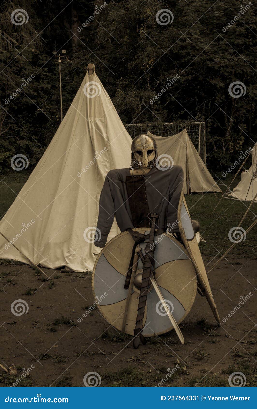Knight Armor on Display with Shield and Weapons Stock Image - Image of ...
