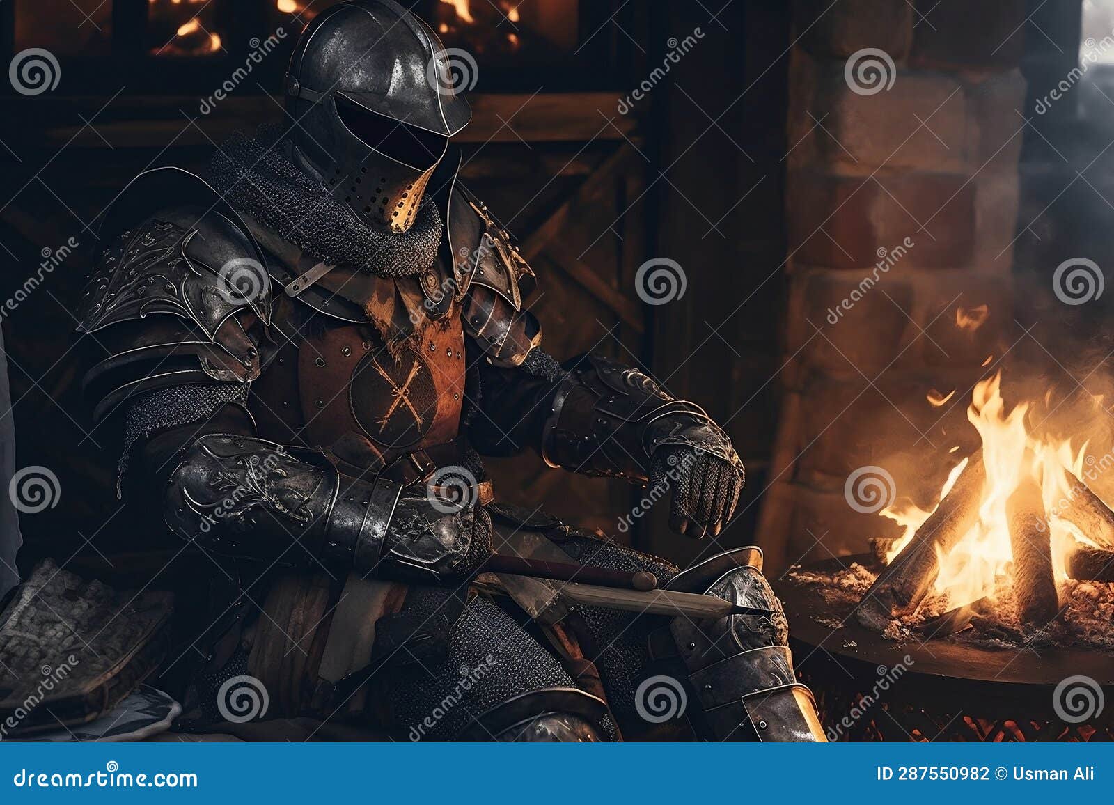 Knight in Armor Relaxing by the Fire. AI Stock Illustration ...