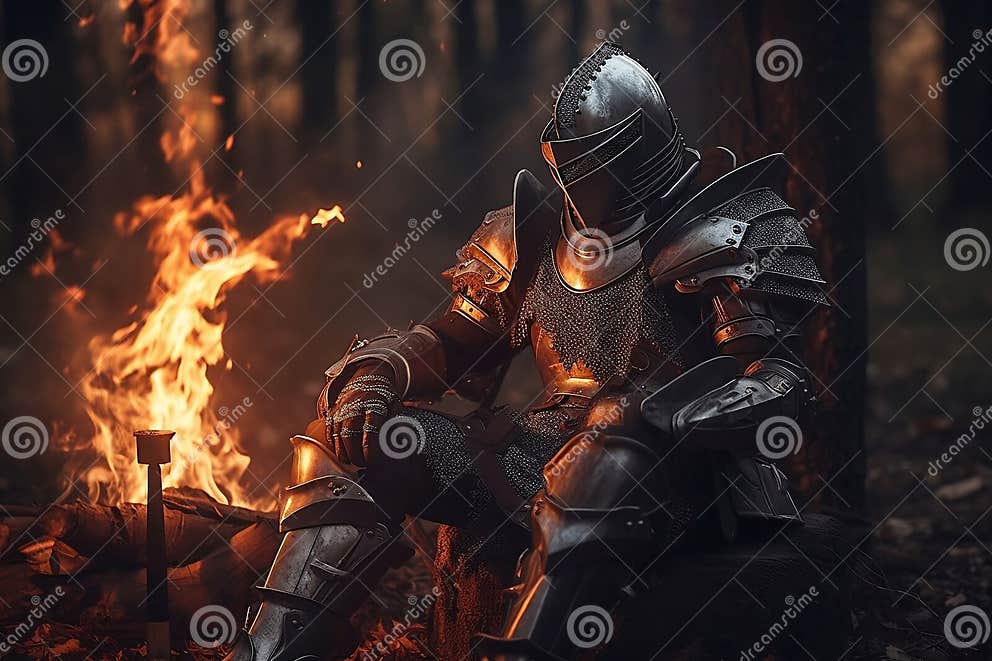 Knight in Armor Relaxing by the Fire. AI Stock Illustration ...