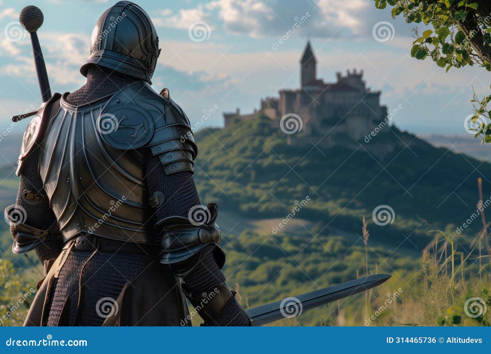 Knight with Armor Standing with Sword, Looking at Distant Castle on ...