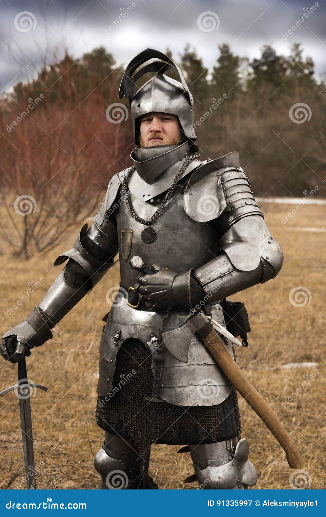 Knight in Armour after Battle on Forest Background Stock Image - Image ...
