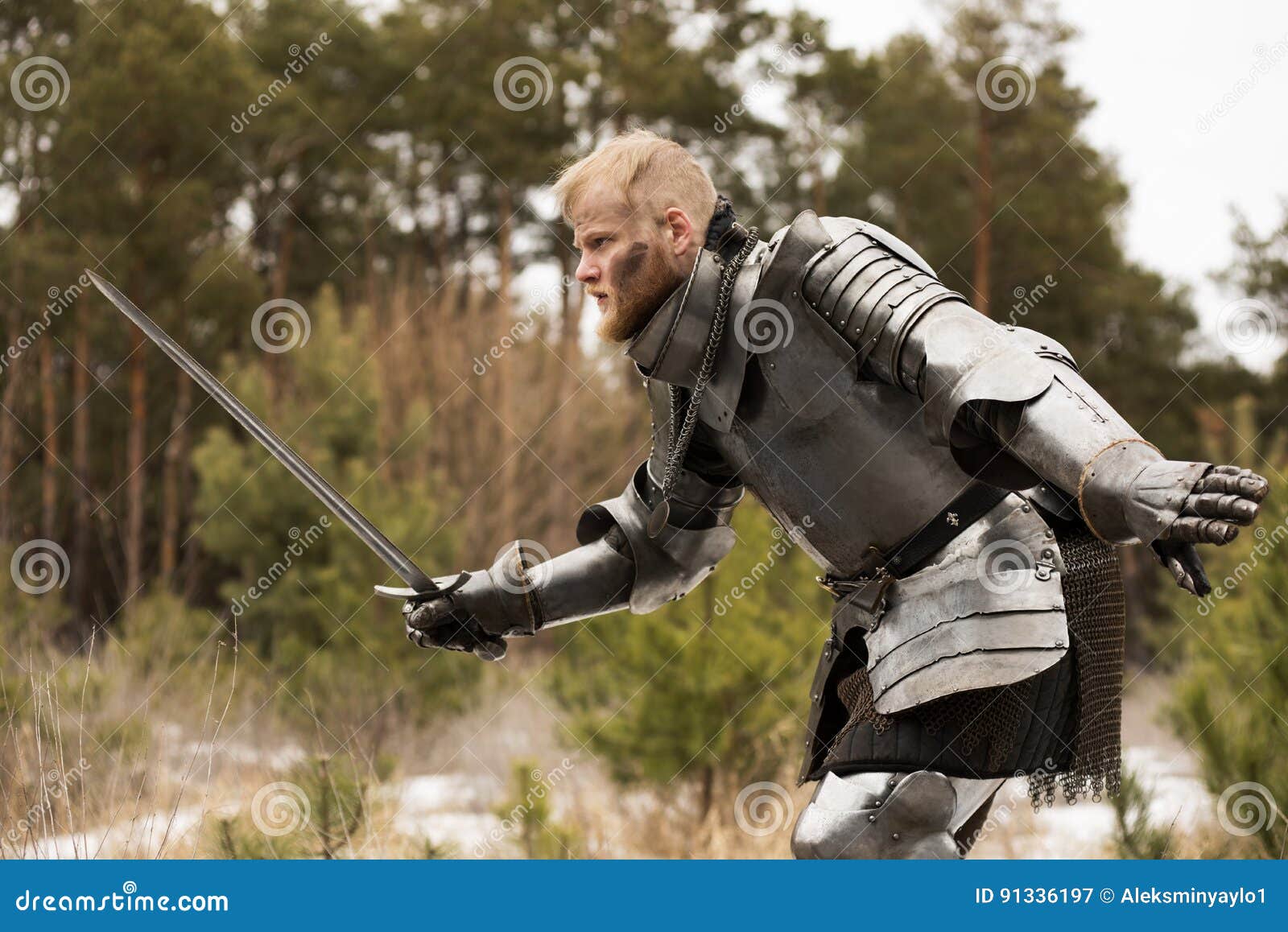 Knight in Armour during Battle on Forest Background Stock Image - Image ...