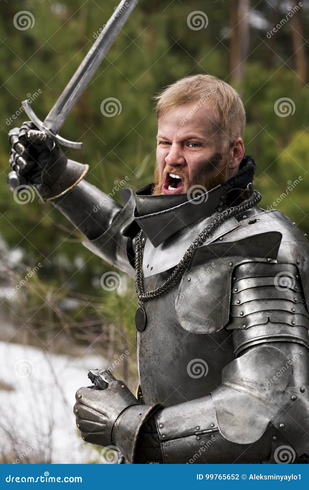 Knight in Armour during Battle on Forest Background Stock Photo - Image ...