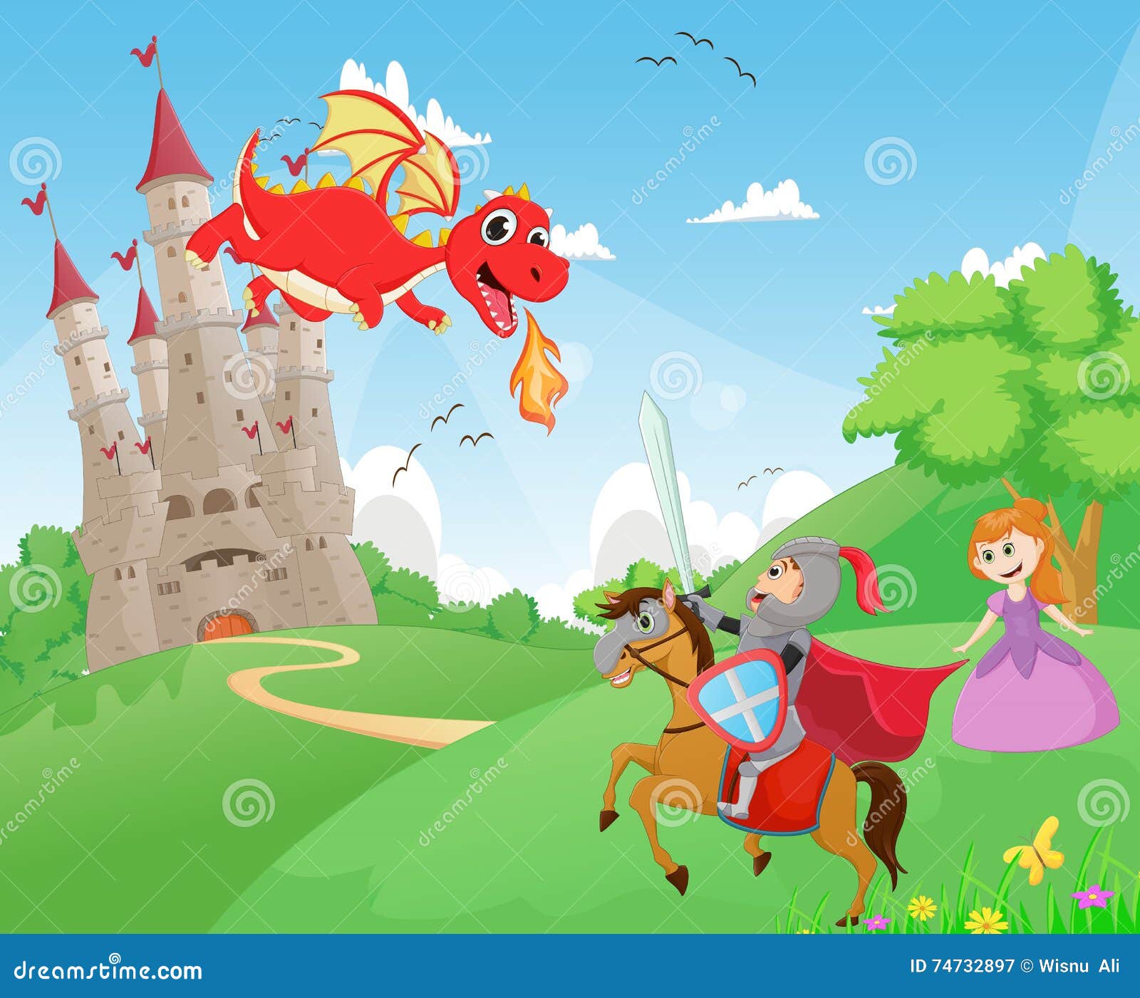 Knight Battling A Dragon To Protect The Princess Cartoon Vector ...