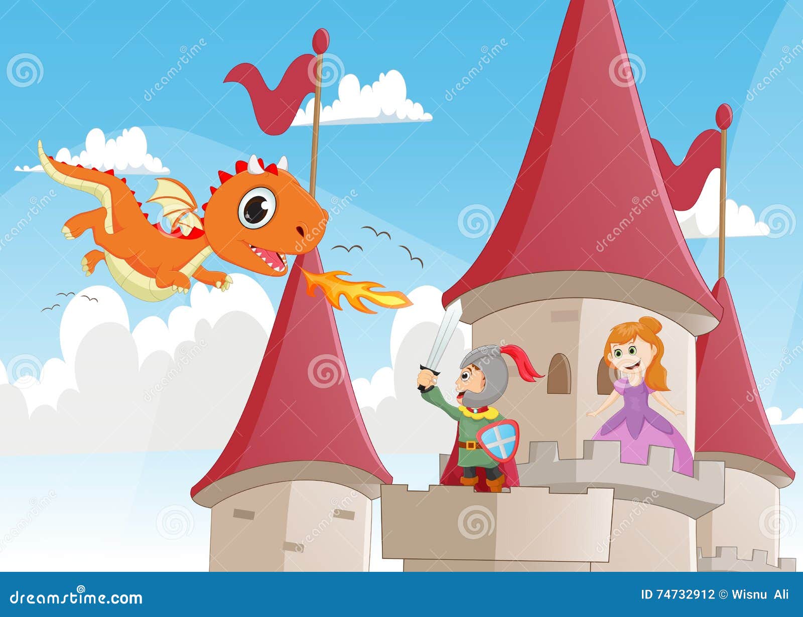 Knight Battling A Dragon To Protect The Princess Cartoon Vector ...