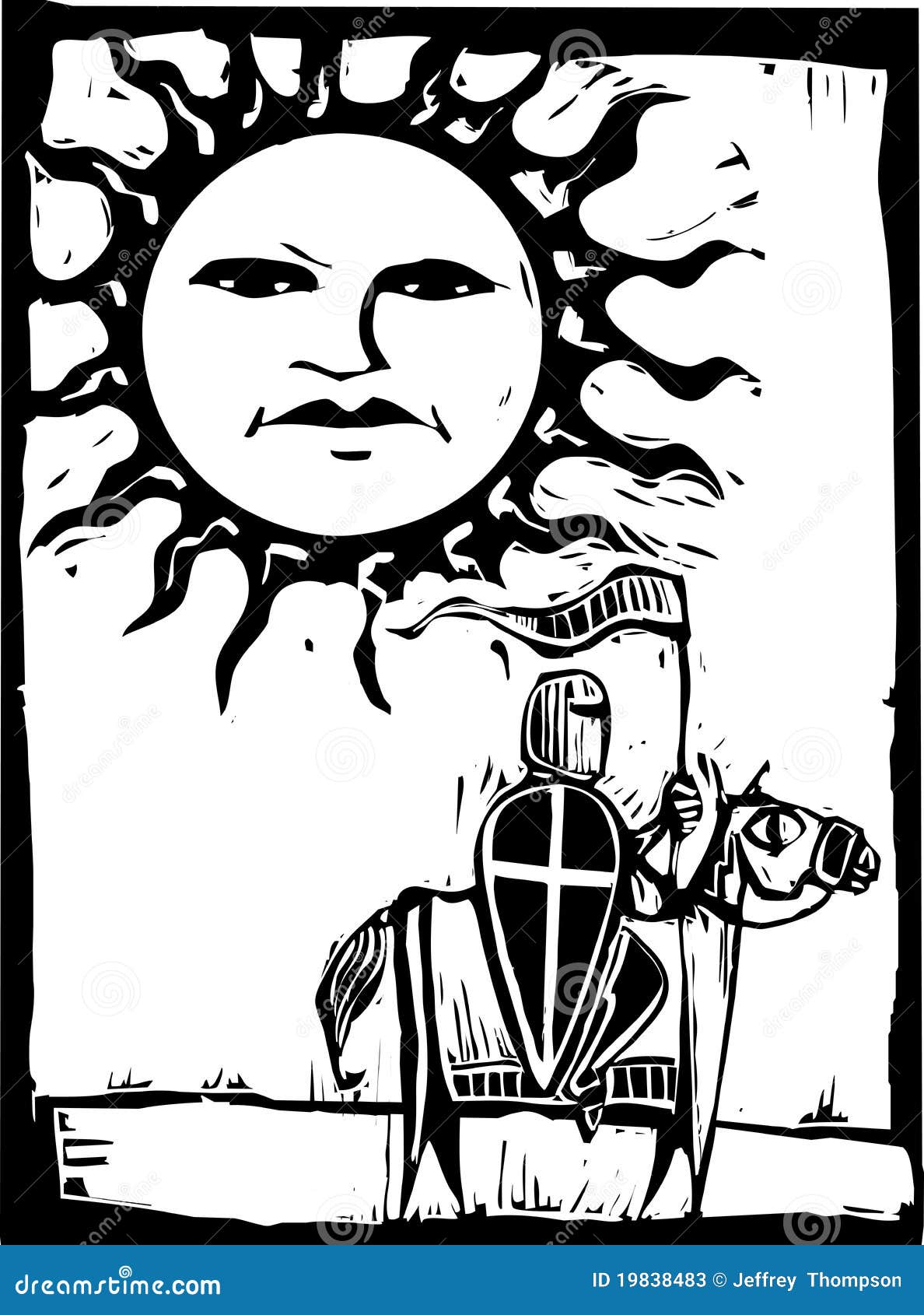 Knight beneath Sun Face stock vector. Illustration of woodcut - 19838483