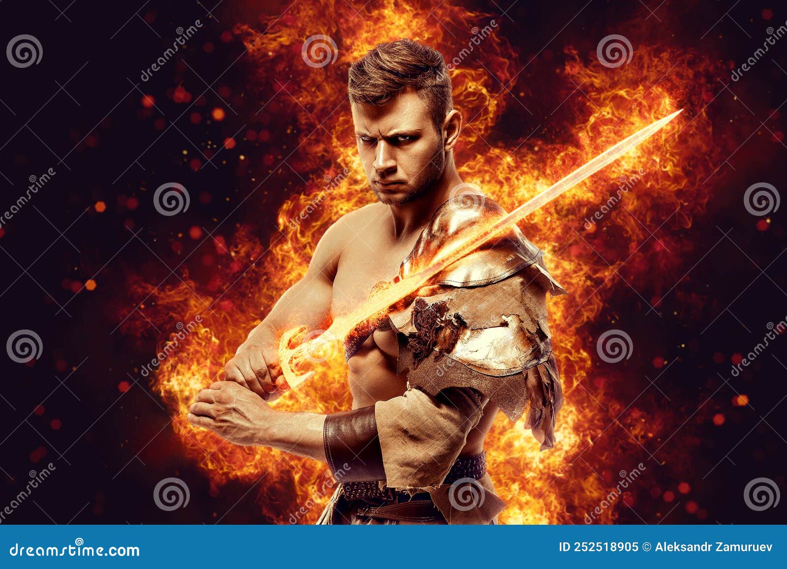 Knight with burning sword stock image. Image of hero - 252518905