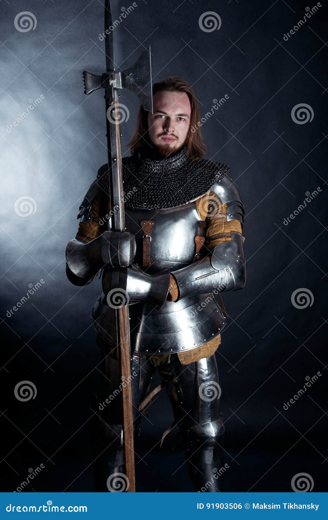 Knight on dark background stock photo. Image of halberd - 91903506