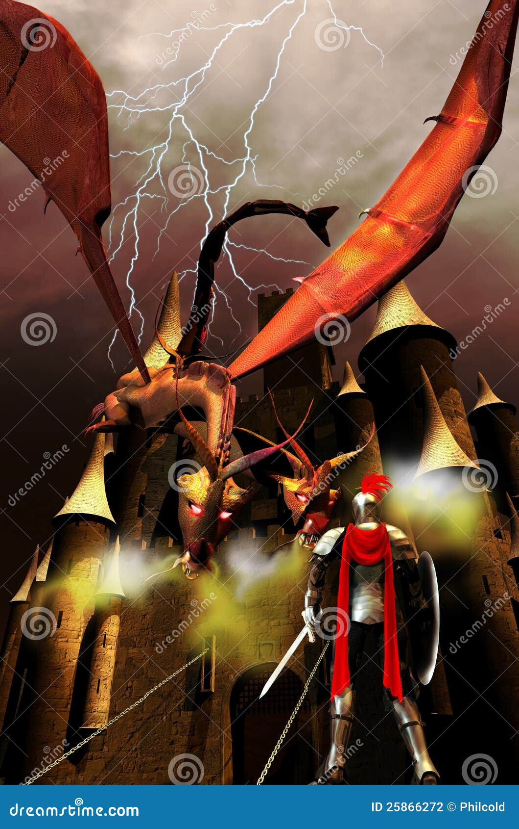 The Knight, the Dragon and the Castle Stock Illustration - Illustration ...