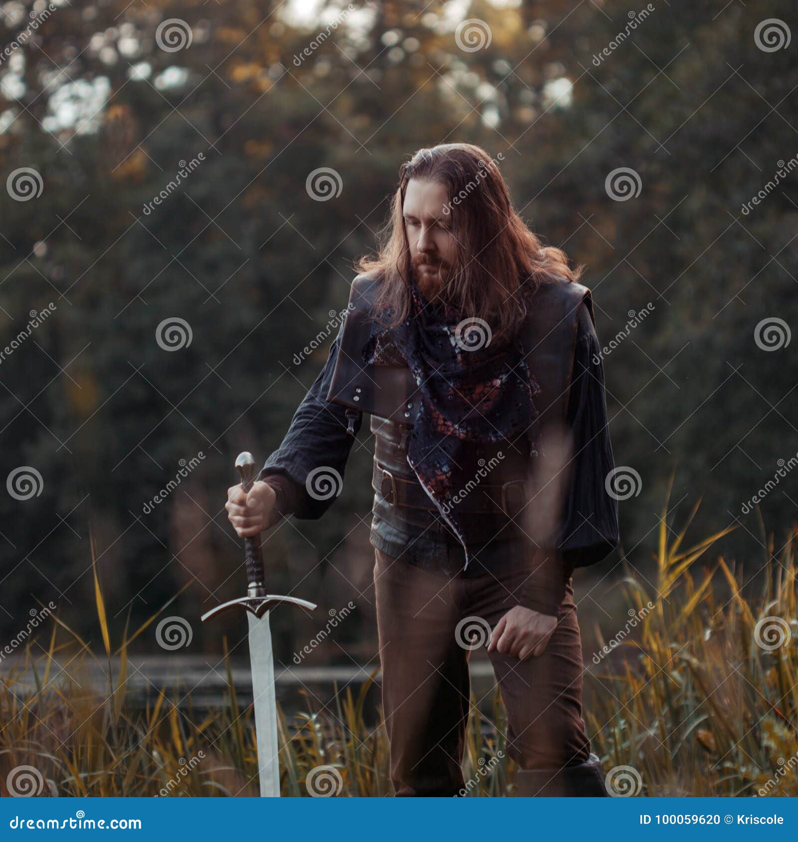Knight in the Forest. a Guy in Medieval Costume with a Sword Stock ...