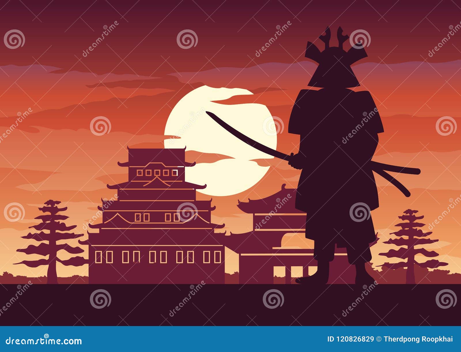 Knight of Japan Called Samurai Pose in Front of Castle Stock Vector ...