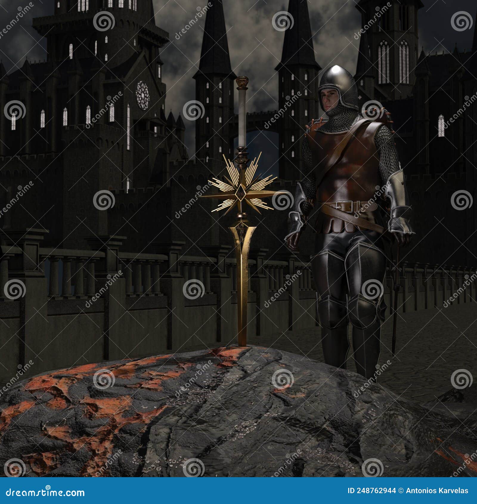 Knight Looking at a Sword in the Stone, Against the Backdrop of a ...