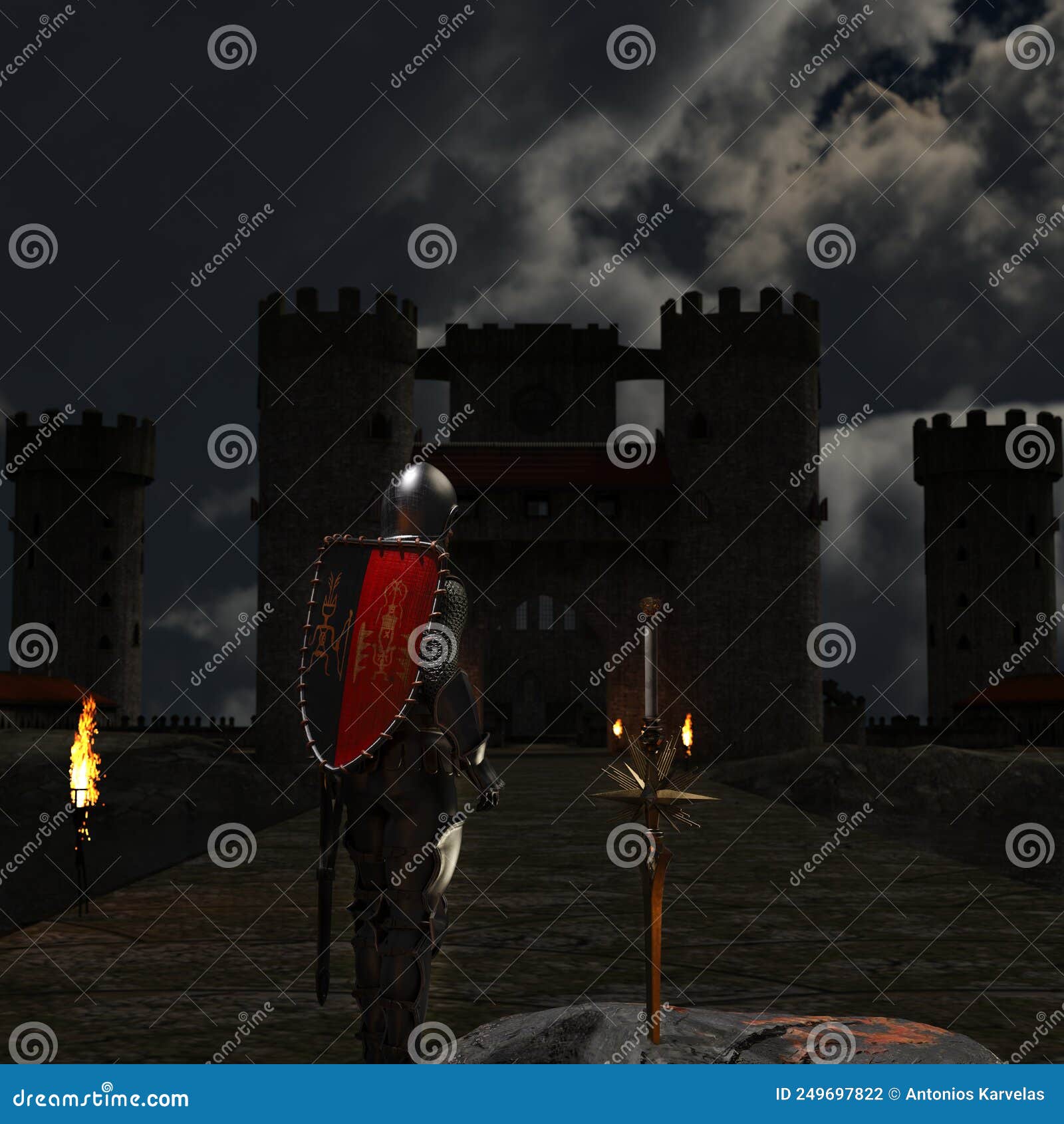 Knight Looking at a Sword in the Stone, Against the Backdrop of a ...