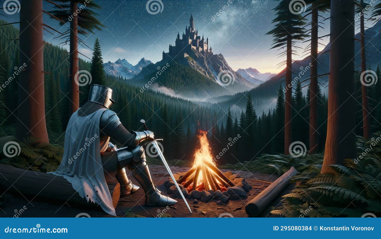 Knight Overlooking Campfire, Majestic Castle on Mountain, Starry Night ...