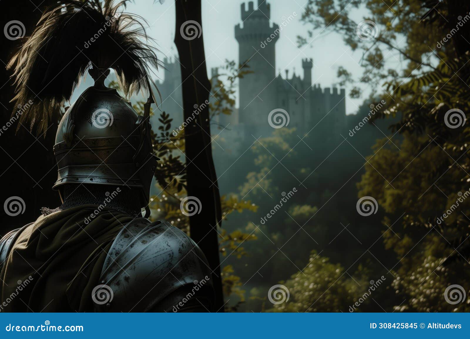 Knight with Plumed Helmet, Observing Castle from Shadowy Forest Stock ...