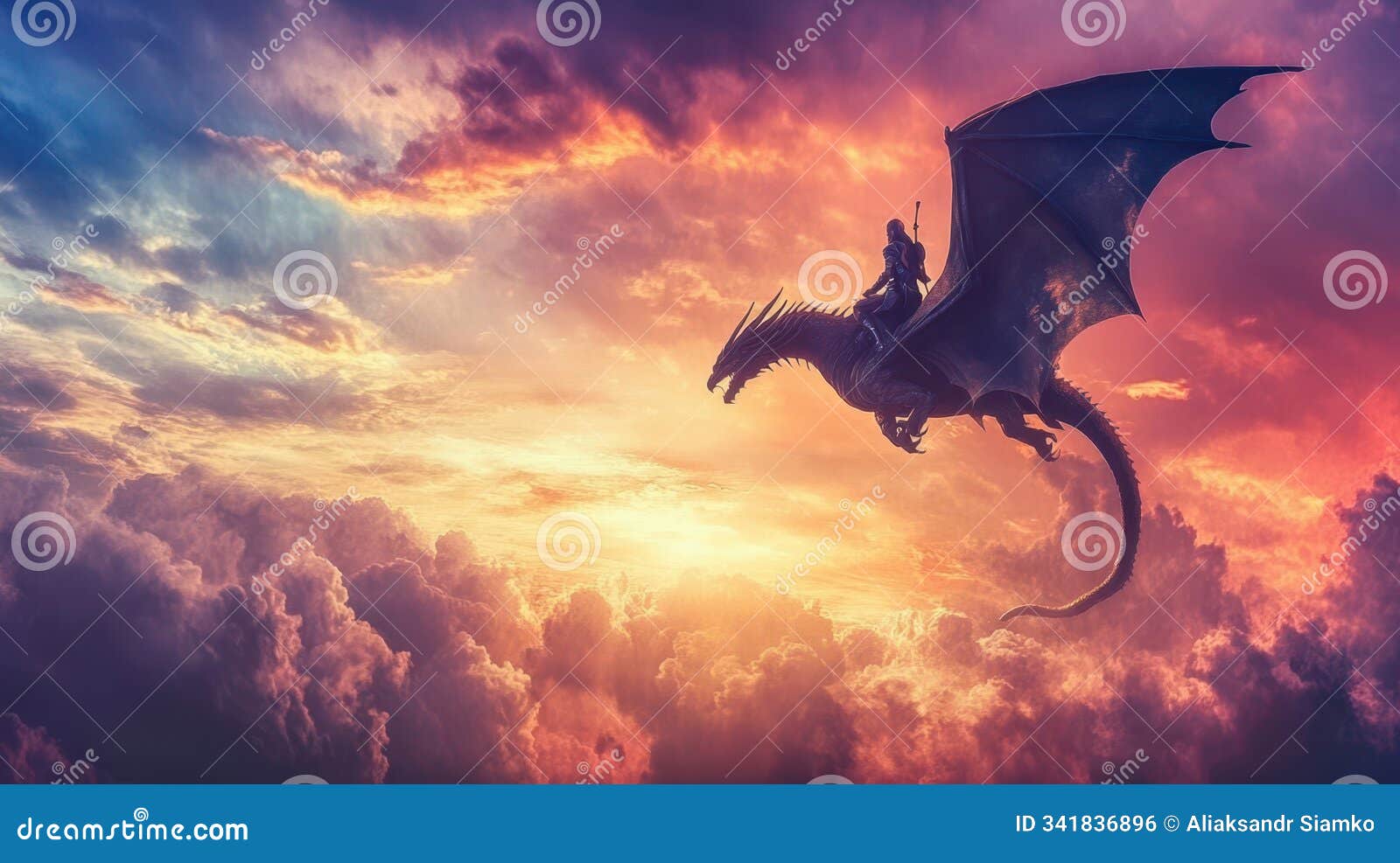 Knight Riding a Dragon through the Sky at Sunset Stock Illustration ...