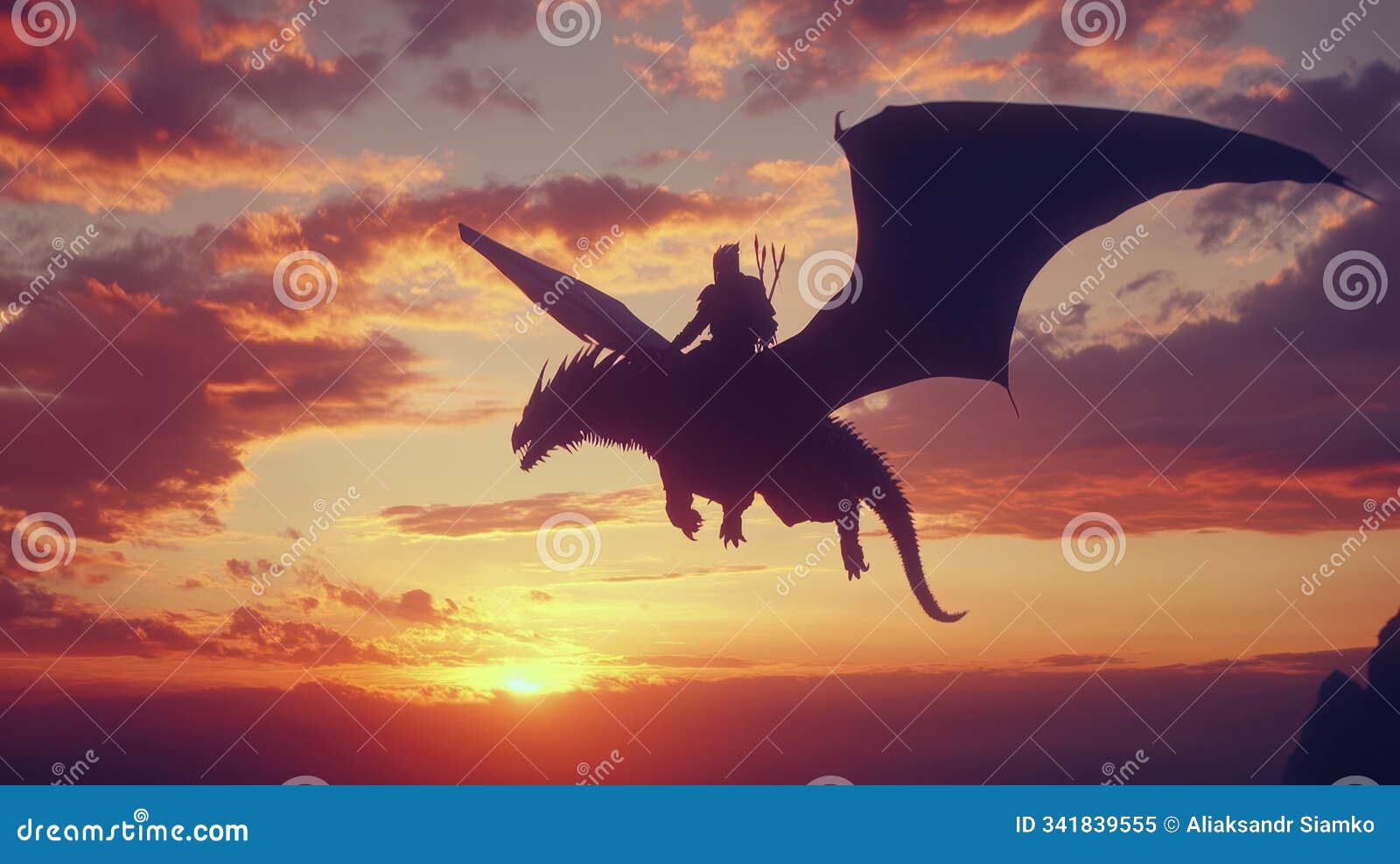Knight Riding a Dragon through the Sky at Sunset Stock Illustration ...