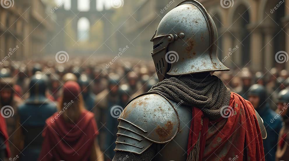 Knight in Rusty Armor Facing a Crowd in Medieval Setting Stock ...