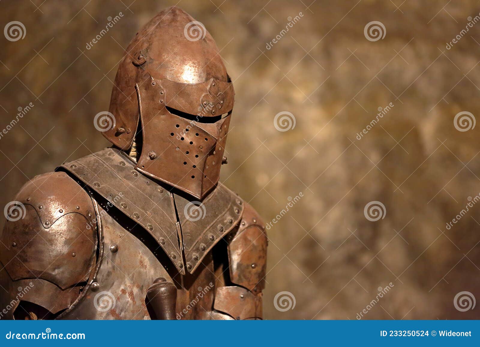 Knight`s Armor in the Old Castle and Empty Space for Text Stock Photo ...