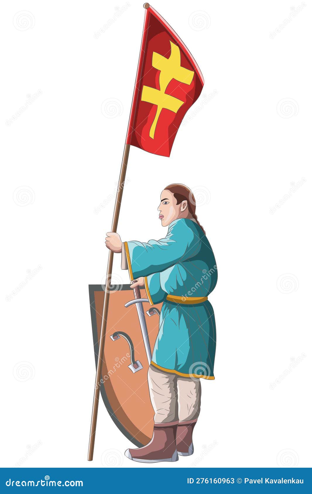 Knight S Squire in a Medieval Costume with a Flag and Weapons. Vector ...