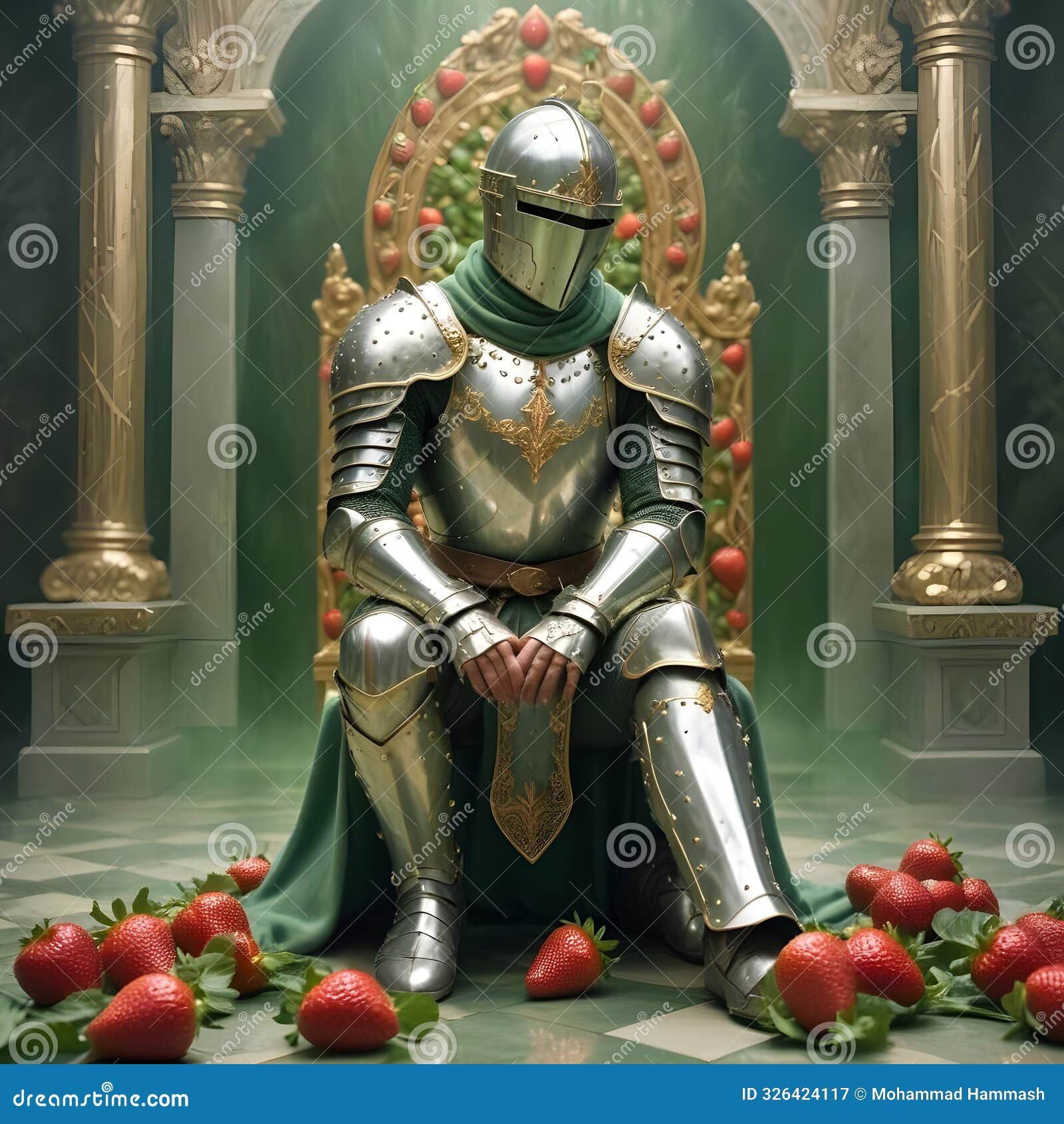 A Knight in Shining Armor Sits on a Throne Surrounded by Strawberries ...