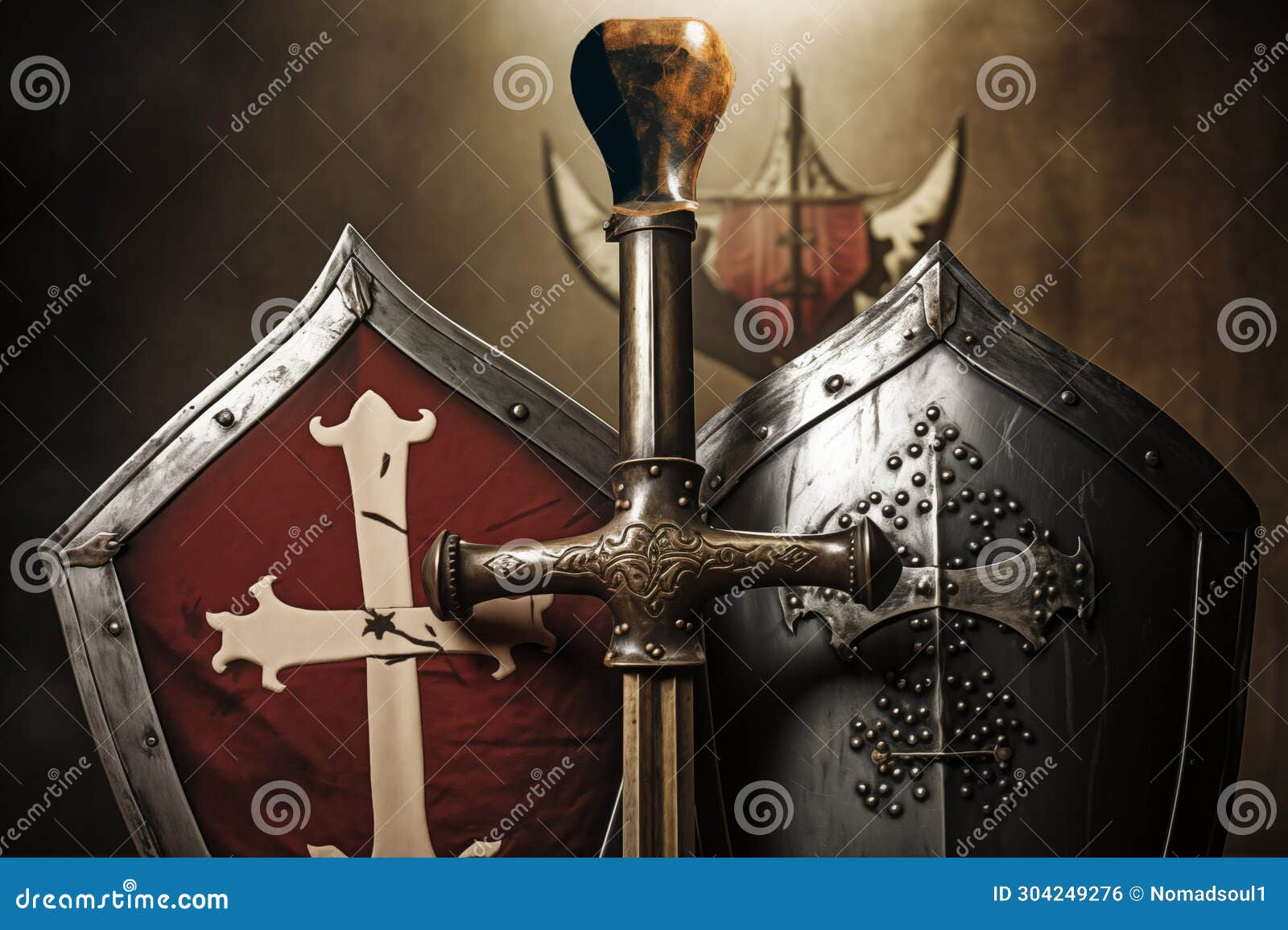 Knight Sword and Two Armor Shields. Generative AI Stock Photo - Image ...