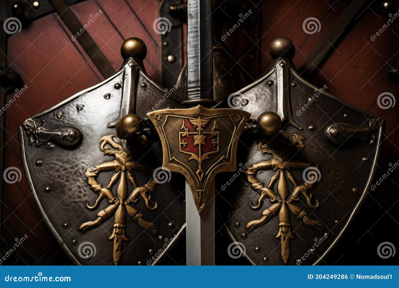 Knight Sword and Two Armor Shields. Generative AI Stock Photo - Image ...