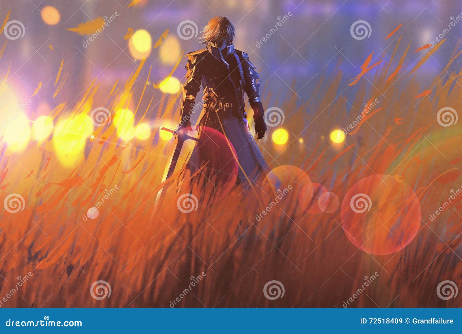 Knight Warrior Standing with Sword in Field Stock Illustration ...