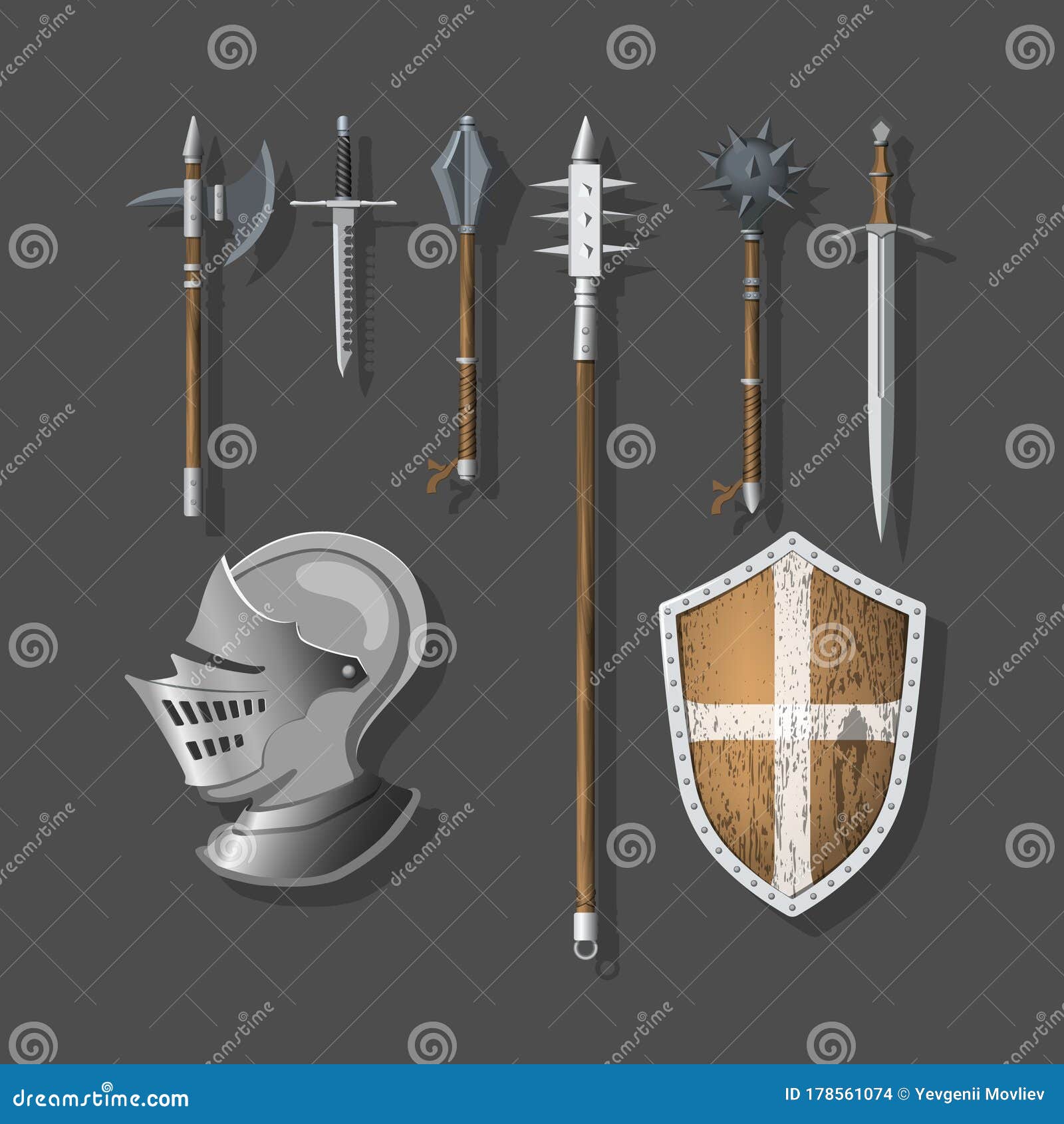 Knight Weapons and Armor. Warrior Sword, Shield and Helmet Stock Vector ...