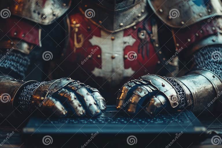 Knight Wearing Armor and Gauntlets Using a Laptop Computer, Blending ...